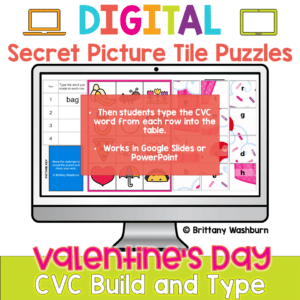 CVC Words Valentine's Day Digital Secret Picture Tile Puzzles