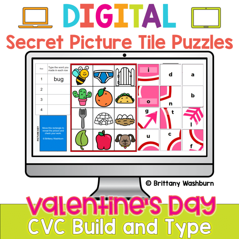 CVC Words Valentine's Day Digital Secret Picture Tile Puzzles