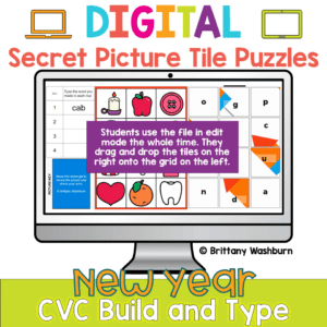 CVC Words New Year Theme Digital Secret Picture Tile Puzzles