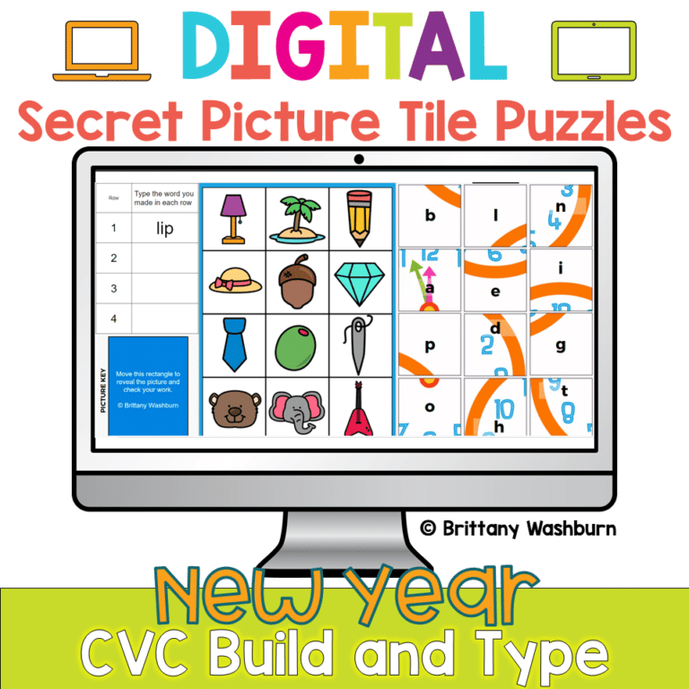 CVC Words New Year Theme Digital Secret Picture Tile Puzzles