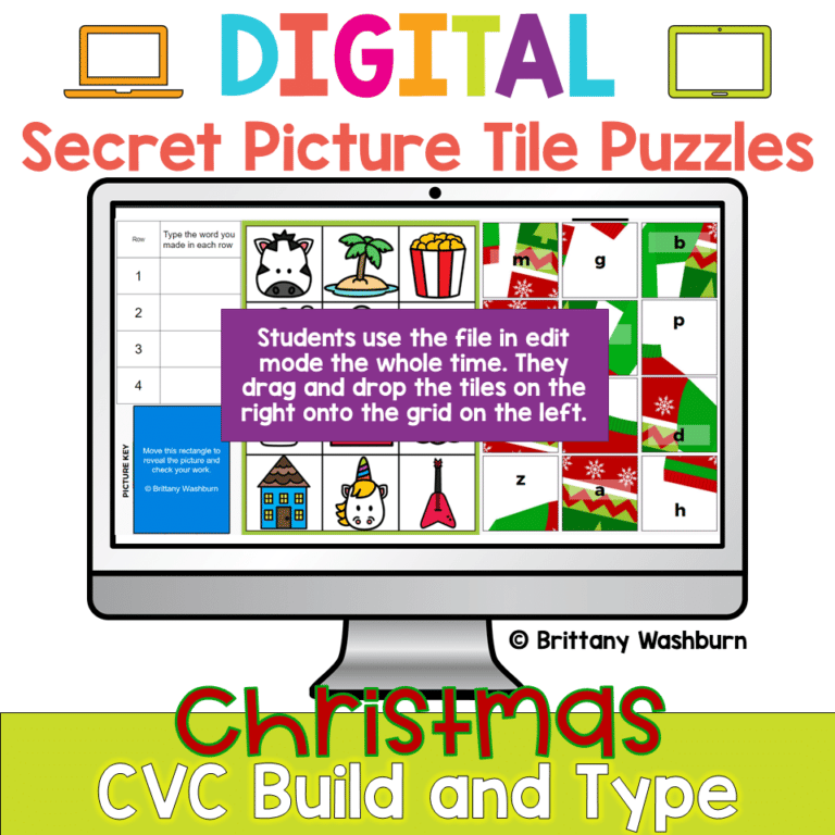 CVC Words Christmas Theme Digital Secret Picture Tiles
