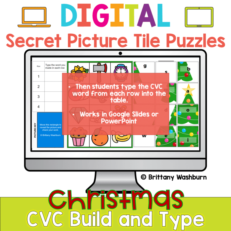 CVC Words Christmas Theme Digital Secret Picture Tiles