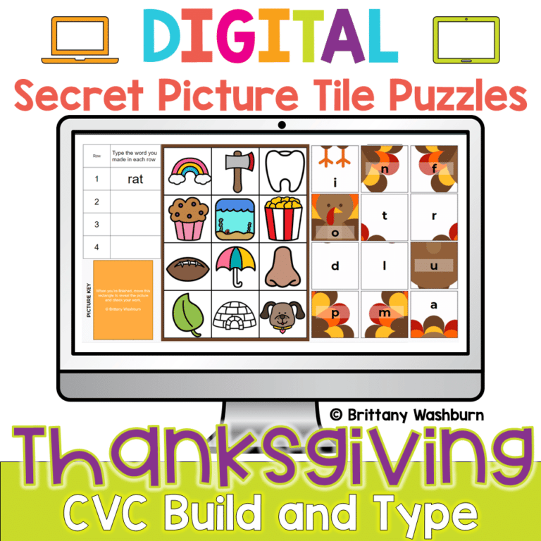CVC Words Thanksgiving Digital Secret Picture Tile Puzzles